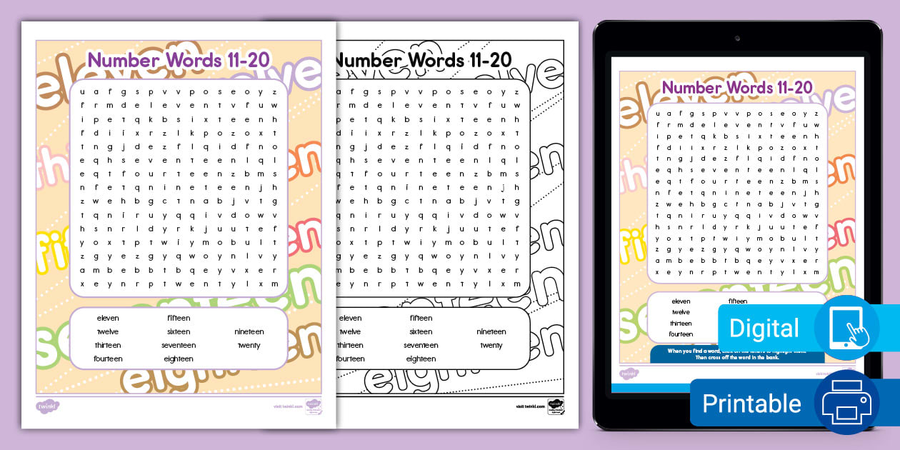 Number Words 11-20 Word Search for K-2nd Grade - Twinkl
