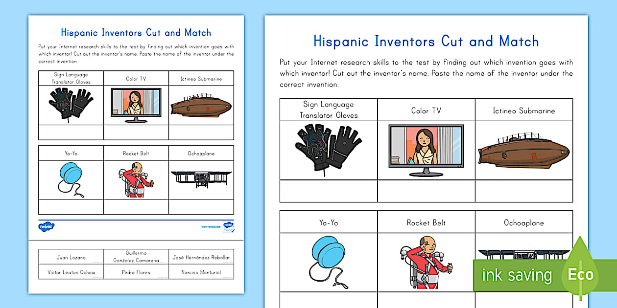 Editable Hispanic Inventors Cut and Paste Matching Worksheet