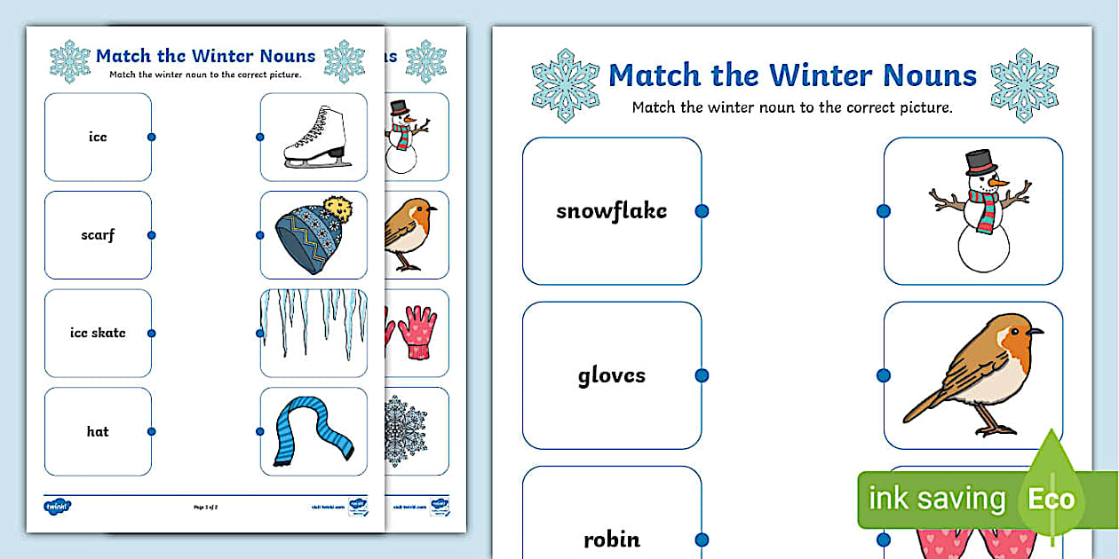 Winter Noun Matching Worksheet (teacher made) - Twinkl