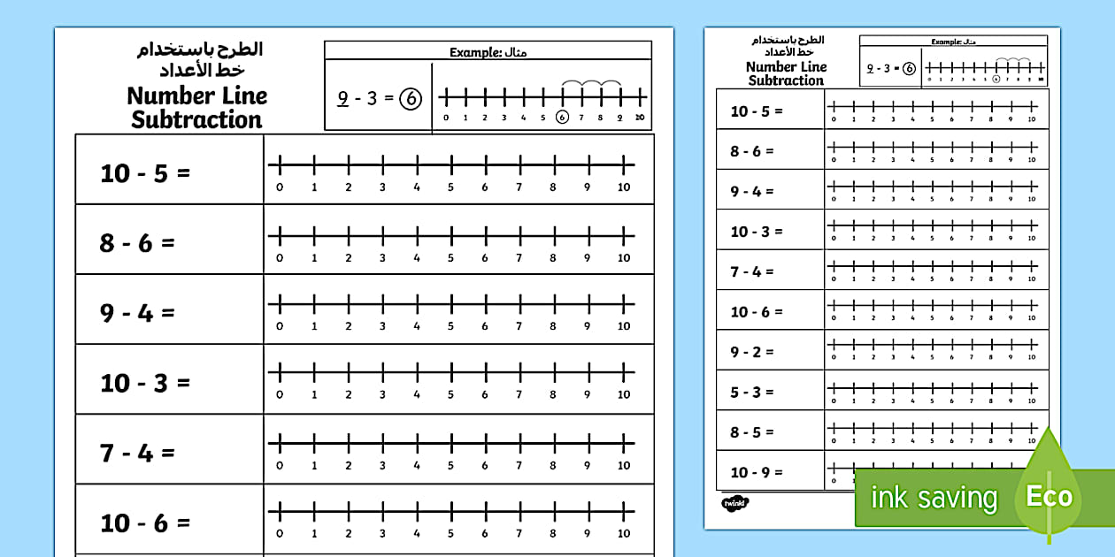 Subtraction From 10 Number Line Worksheet / Worksheet Arabic/English