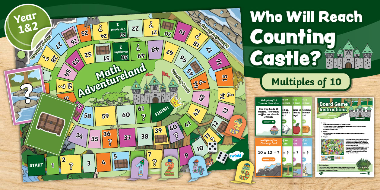 Math Adventureland Board Game – Multiples of 10 - Twinkl