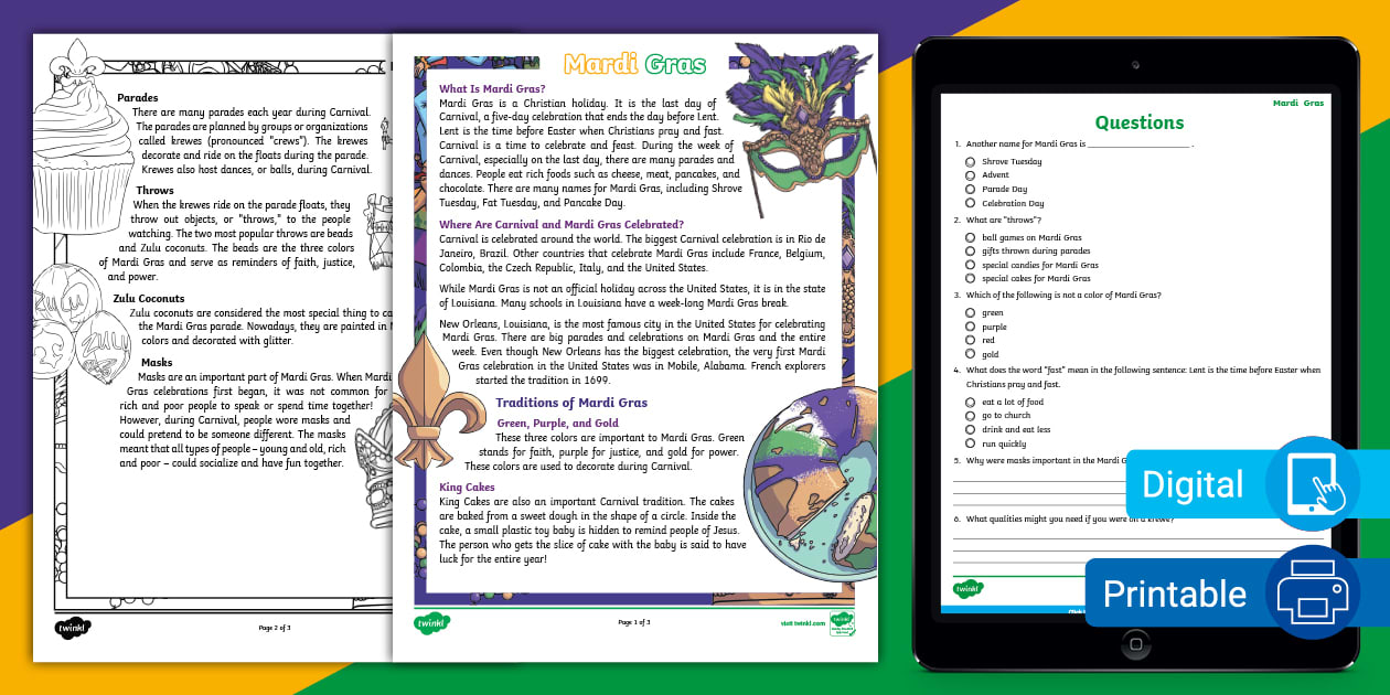 Fifth Grade Mardi Gras Reading Comprehension Worksheet