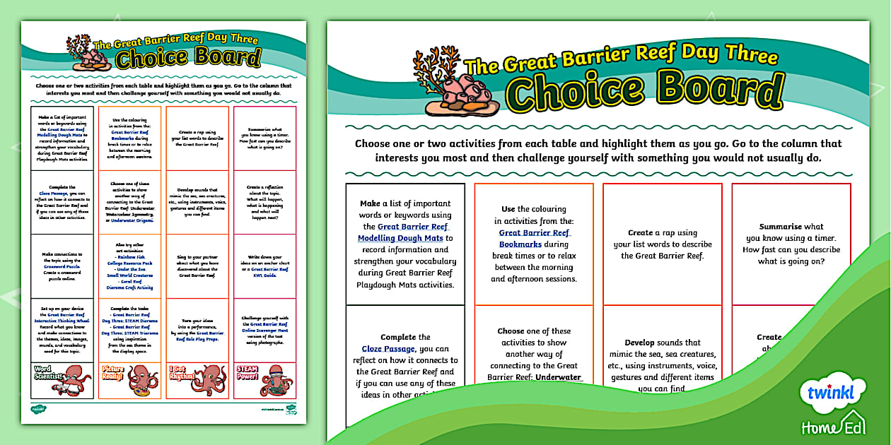 Great Barrier Reef Day Three: Choice Board (teacher made)