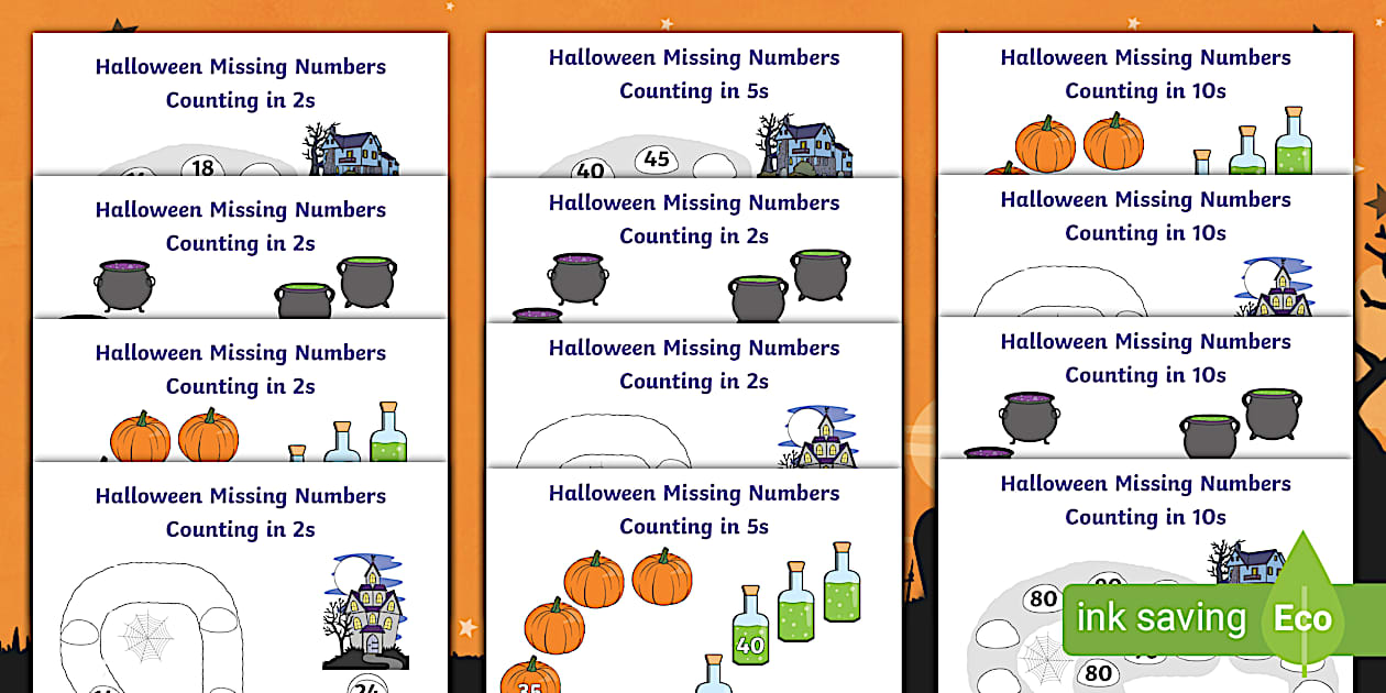 Halloween Path Missing Numbers Counting in 2s, 5s and 10s Activity Pack
