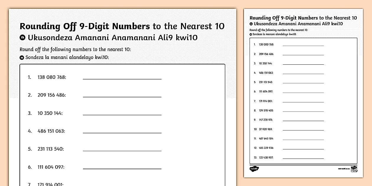Rounding Off 9-Digit Numbers to the Nearest 10 Activity Sheet IsiXhosa