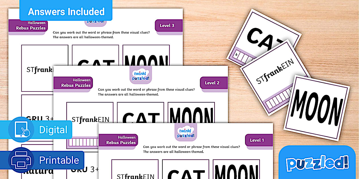 Fun Halloween Rebus Puzzles Cards Pack - Twinkl Puzzled