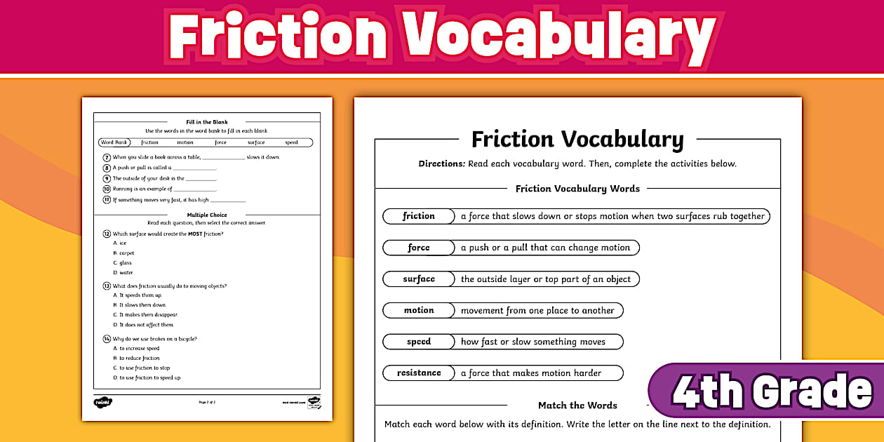 Fourth Grade Friction Vocabulary Worksheet