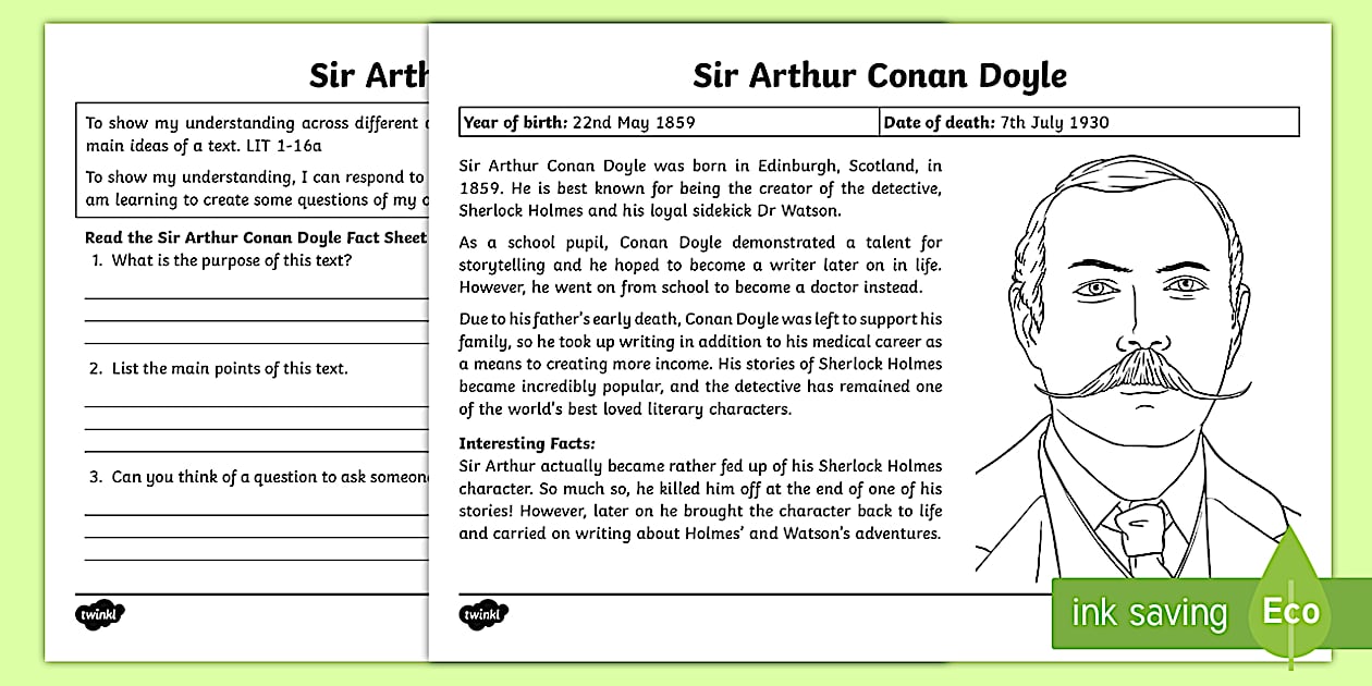 Sir Arthur Conan Doyle Worksheet | Twinkl (teacher made)