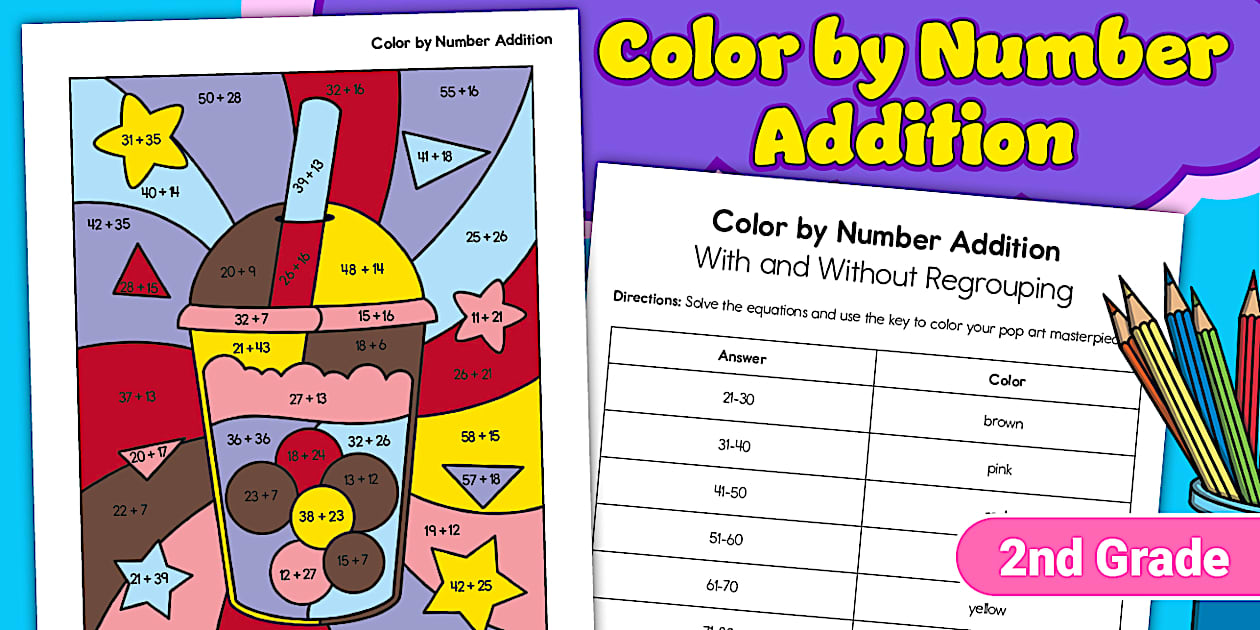 Second Grade Boba Tea Color by Number Addition Worksheet