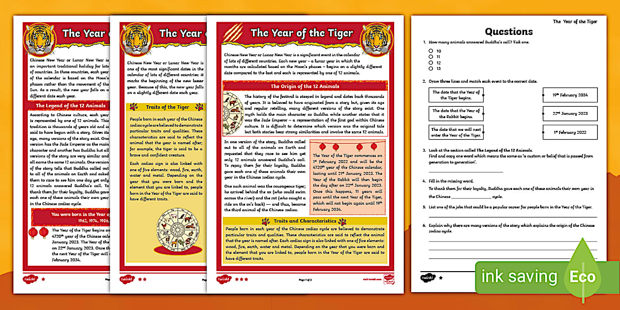 UKS2 The Year of the Tiger Reading Comprehension Activity