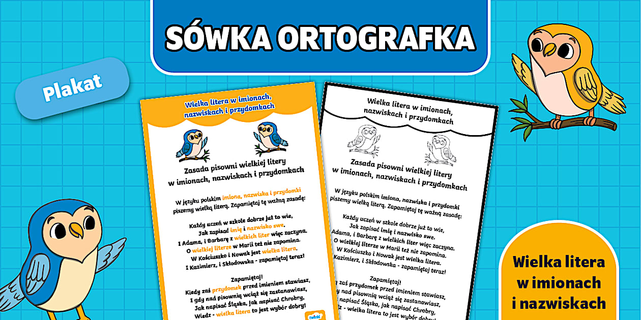 Sówka Ortografka | Wielka litera w imionach i nazwiskach | Plakat