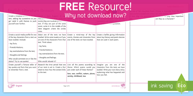 FREE! - GCSE English Literature Revision Activity Mat