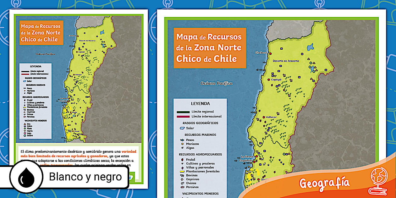 Póster |Mapa Recursos Zona Norte Chico de Chile | Geografía