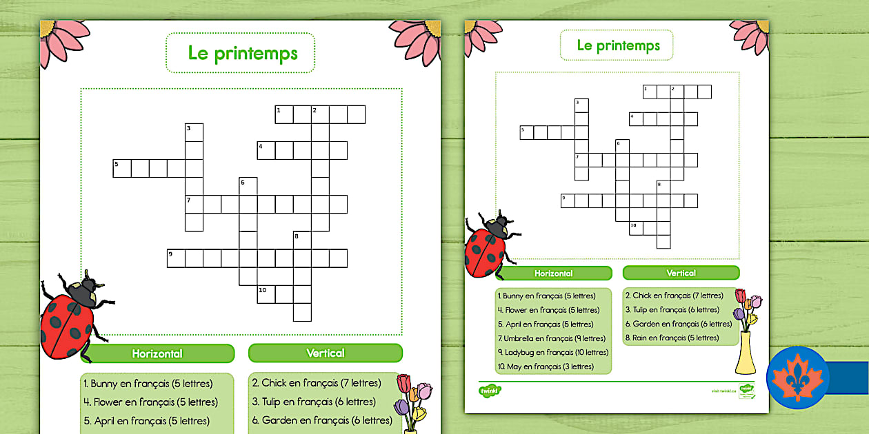 Spring Vocabulary Crossword French (teacher made) - Twinkl