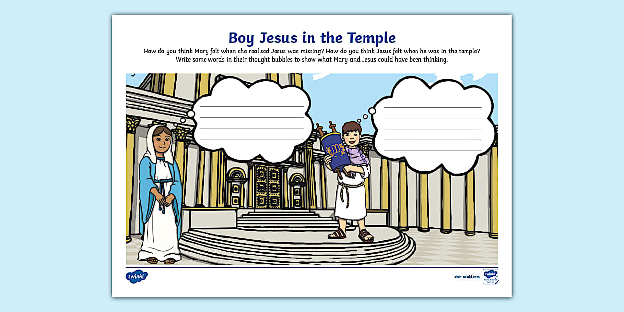 Black and White KS1 Boy Jesus in the Temple Worksheet