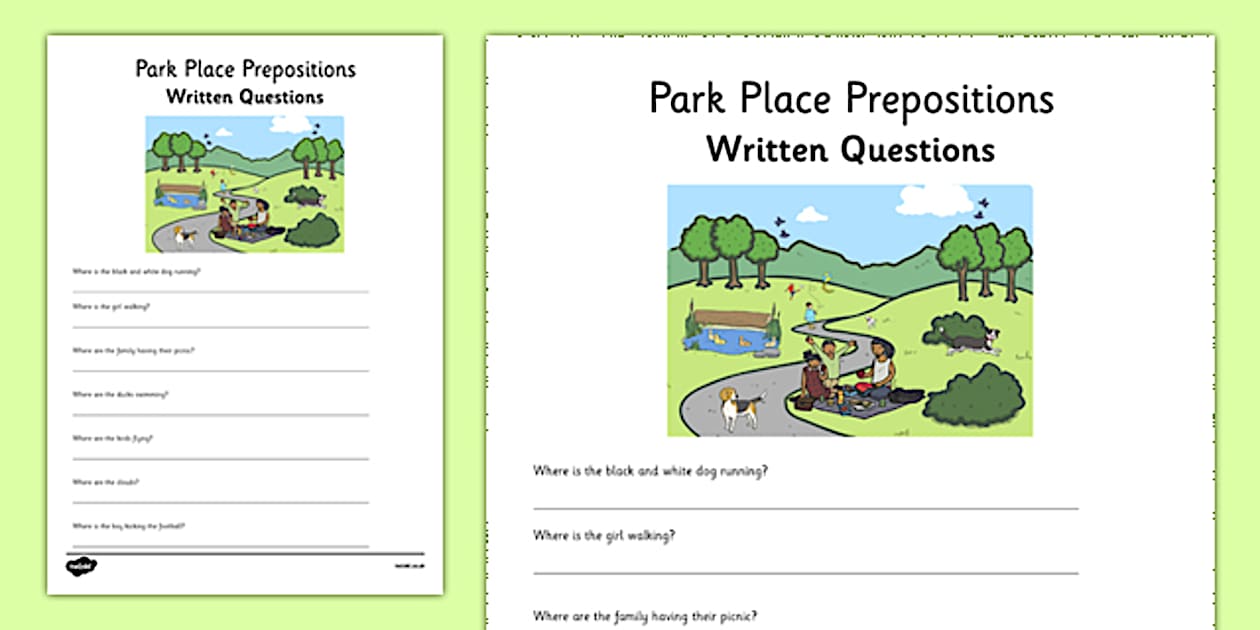 Editable Park Place Prepositions Written Questions - Twinkl
