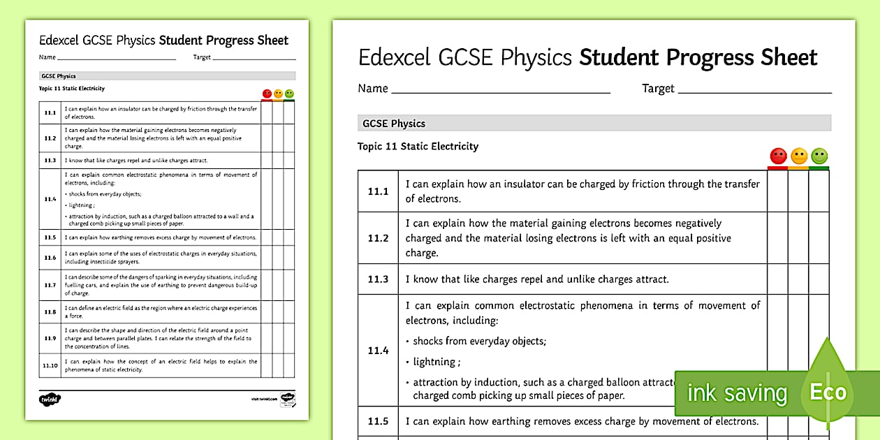 Edexcel Style GCSE Physics, Static Electricity Progress Sheet