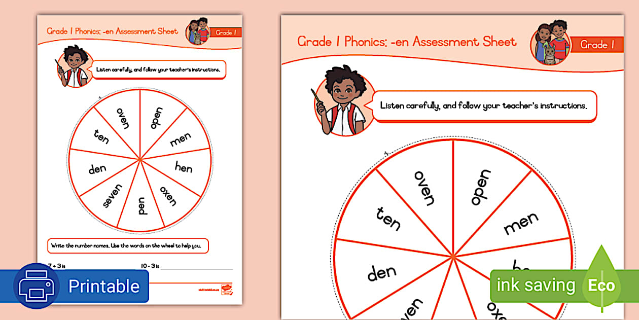 Grade 1 Phonics: -en Assessment Sheet (teacher made)