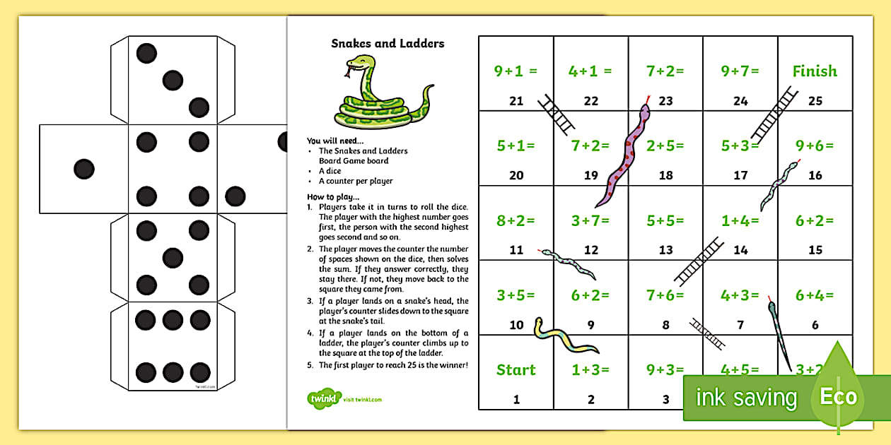 Addition up to 10 Snakes and Ladders - Twinkl