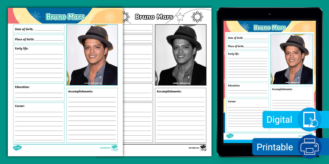 All About Bruno Mars Research and Write Worksheet - Twinkl All About Bruno Mars Research and Write Worksheet - Twinkl