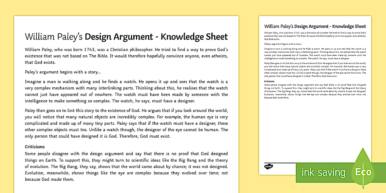 Editable William Paley and the Design Argument Pupil Knowledge Sheet