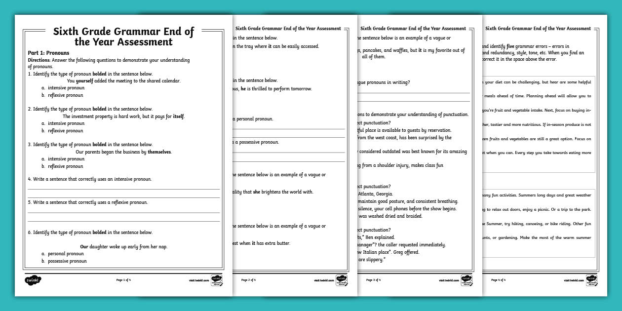 Sixth Grade End of the Year ELA Grammar Assessment - Twinkl