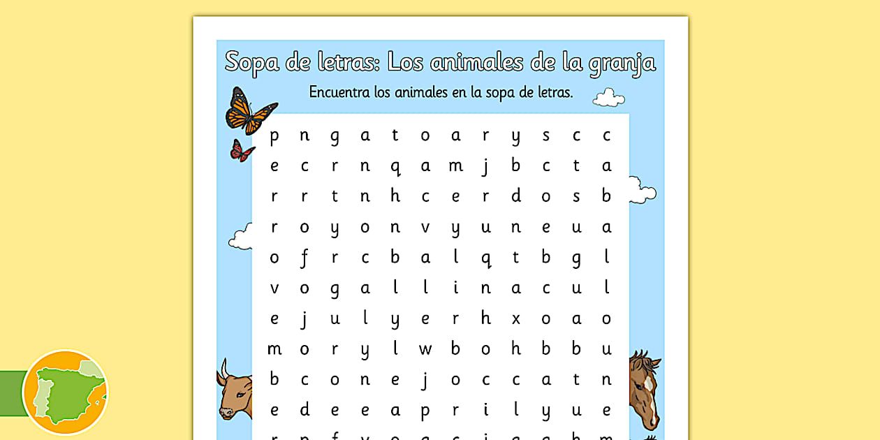 Sopa de letras - animales de la granja - Twinkl