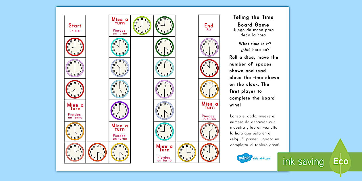 Telling the Time Board Game O'clock and Half Past English/Spanish - Telling