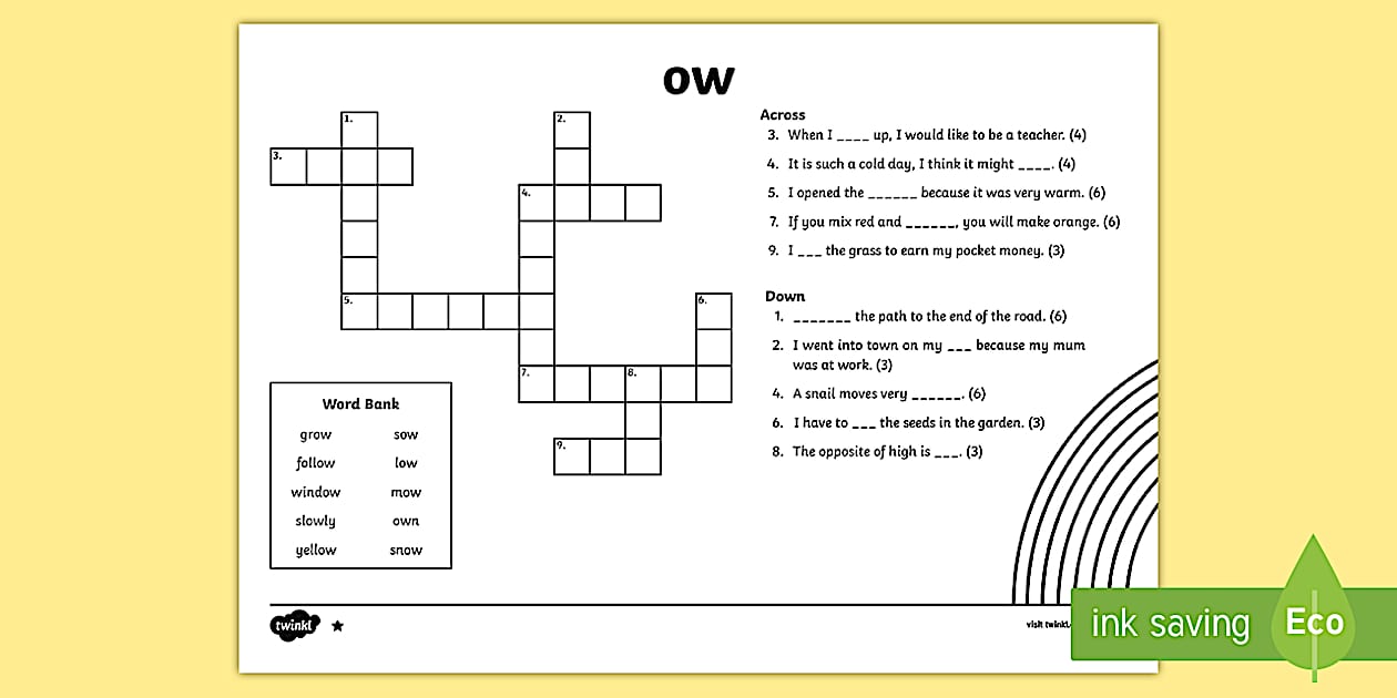 'ow' Digraph Differentiated Crossword (teacher made)