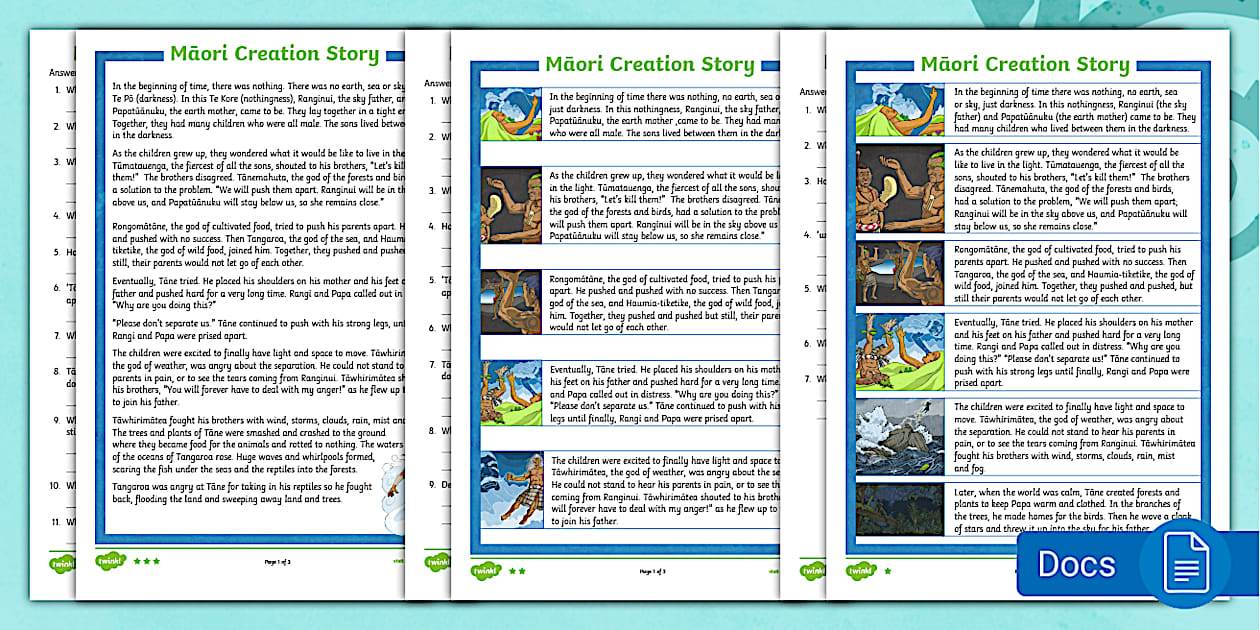 Māori Creation Story Differentiated Reading Comprehension