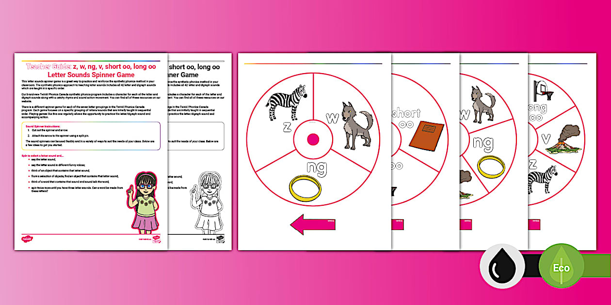 Phonics Canada: z,w,ng,v,short long oo Letter Sounds Spinner