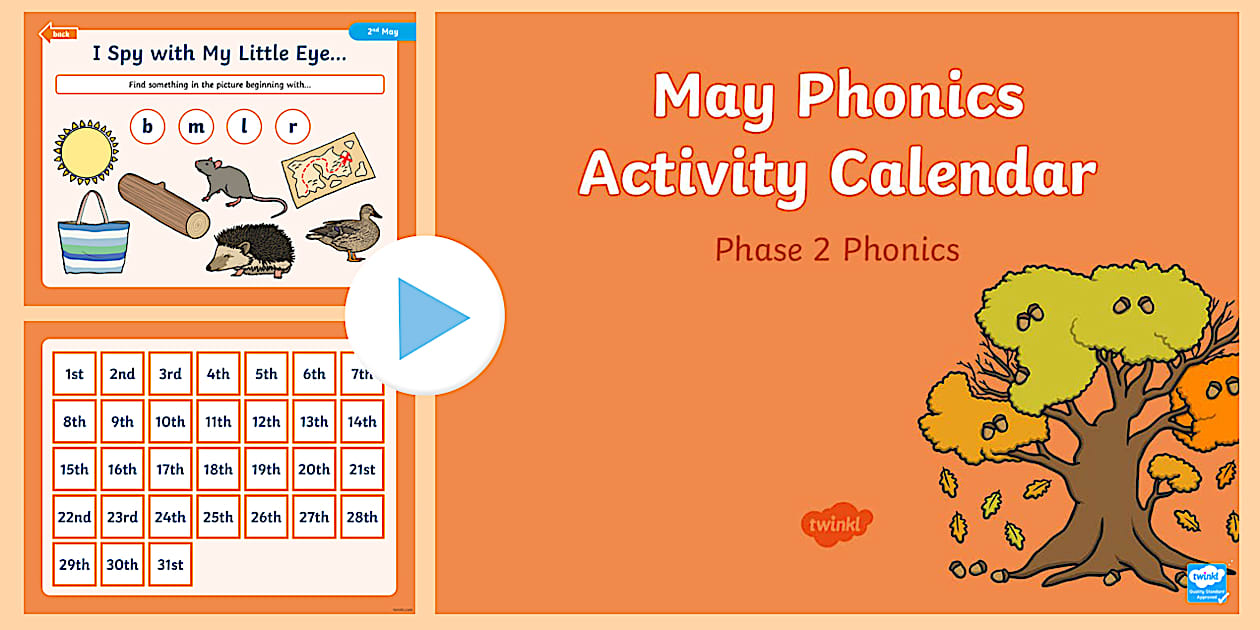 Phase 2 May Phonics Activity Calendar PowerPoint - Twinkl