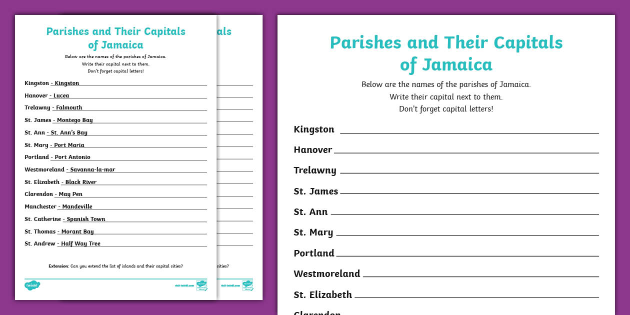 Jamaica's Parishes and Capitals (teacher made) - Twinkl