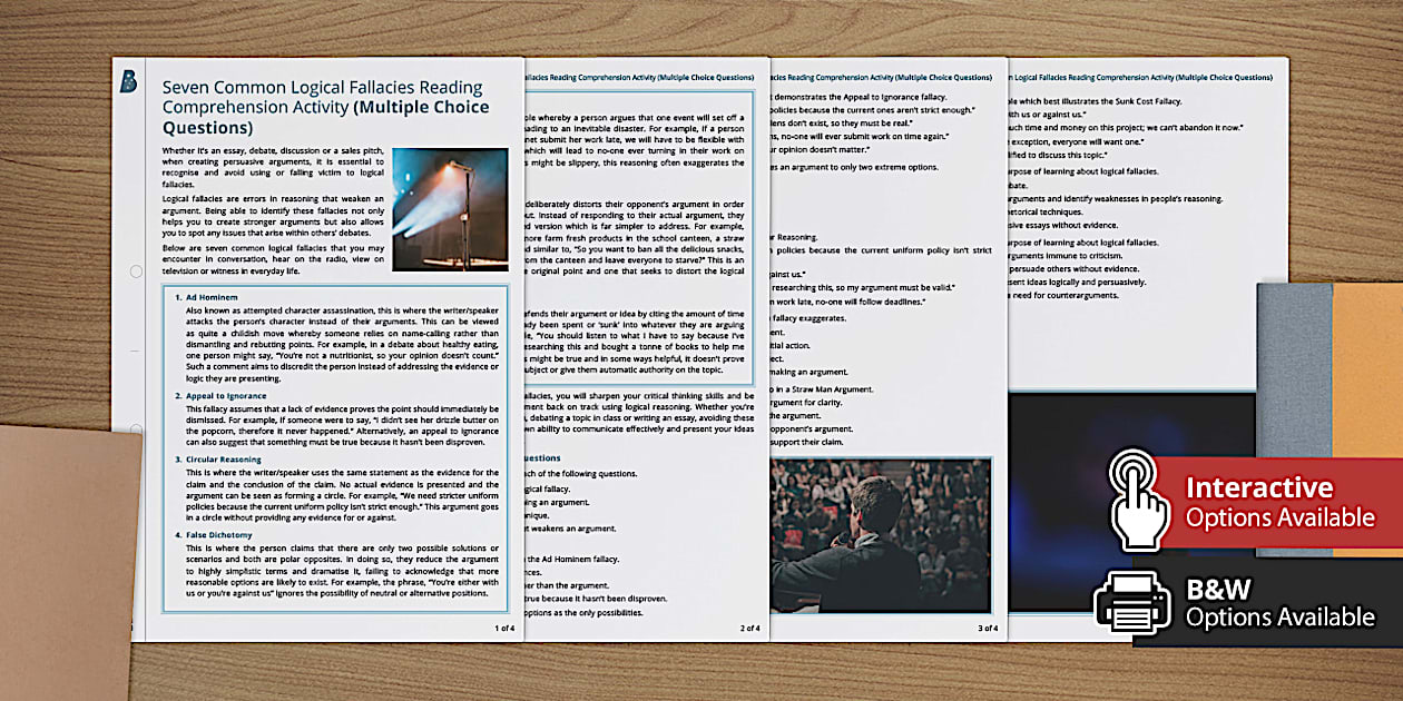 Seven Common Logical Fallacies Comprehension Activities
