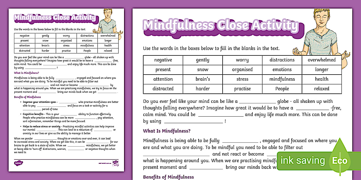 Benefits of Mindfulness Cloze Activity