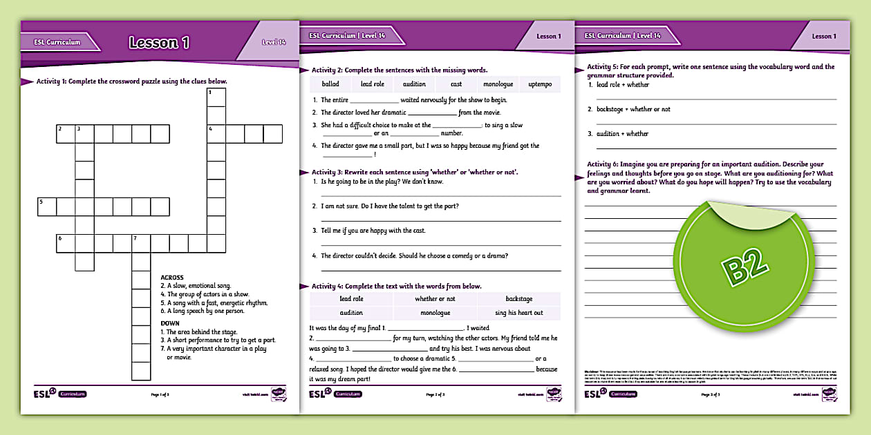 ESL Curriculum Level 14 Lesson 1 Activity Sheet