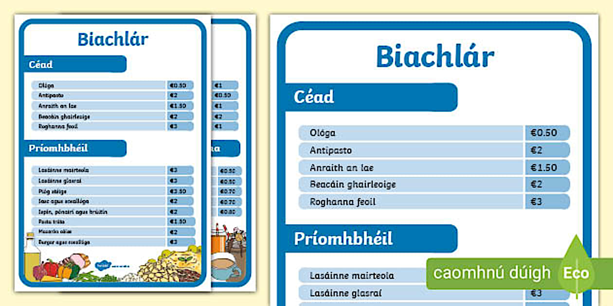 Restaurant Role Play Children's Menu Gaeilge (teacher made)