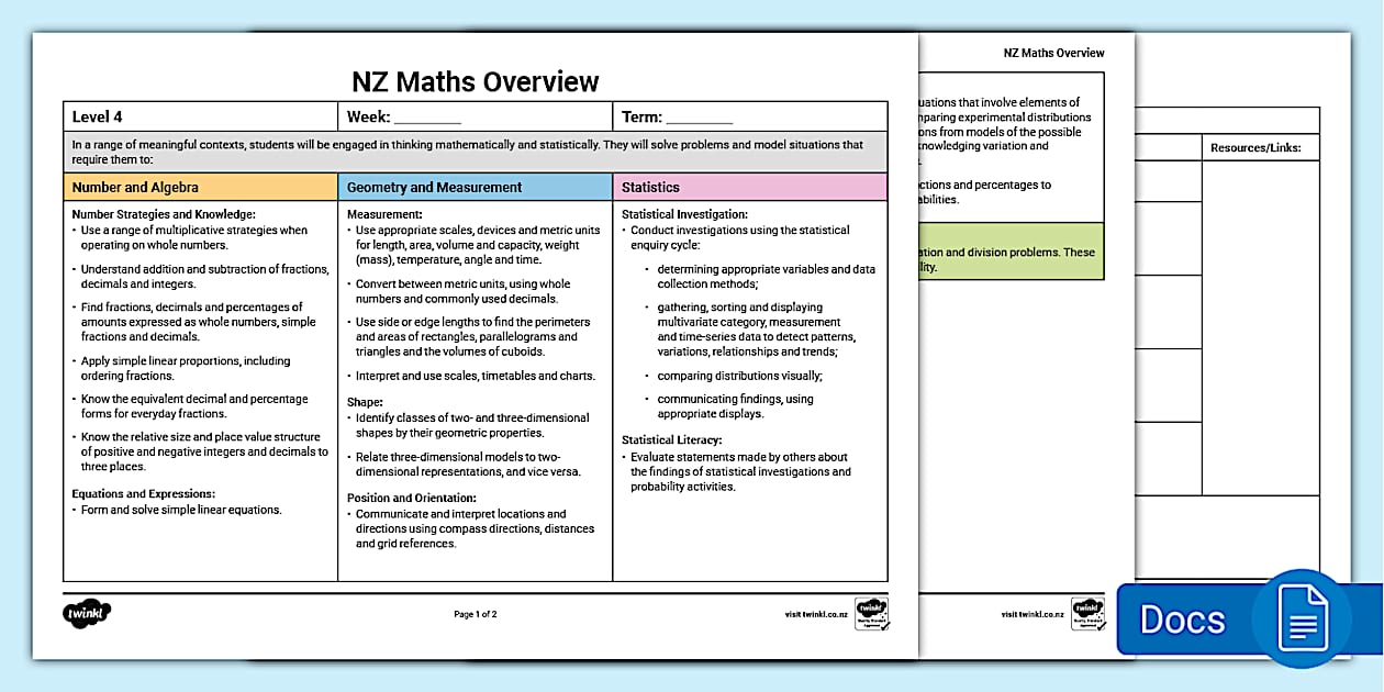 NZ Maths Level 4 Planning Overview - Twinkl