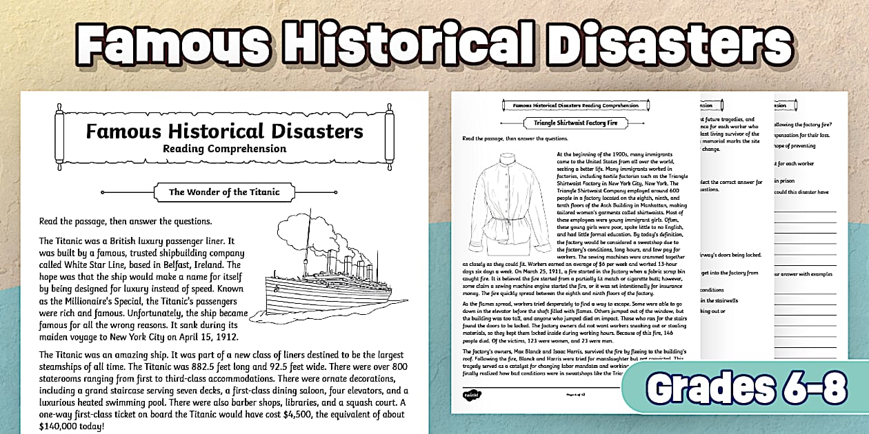 Famous Historical Disasters Reading Comp. Wksts for 6th-8th