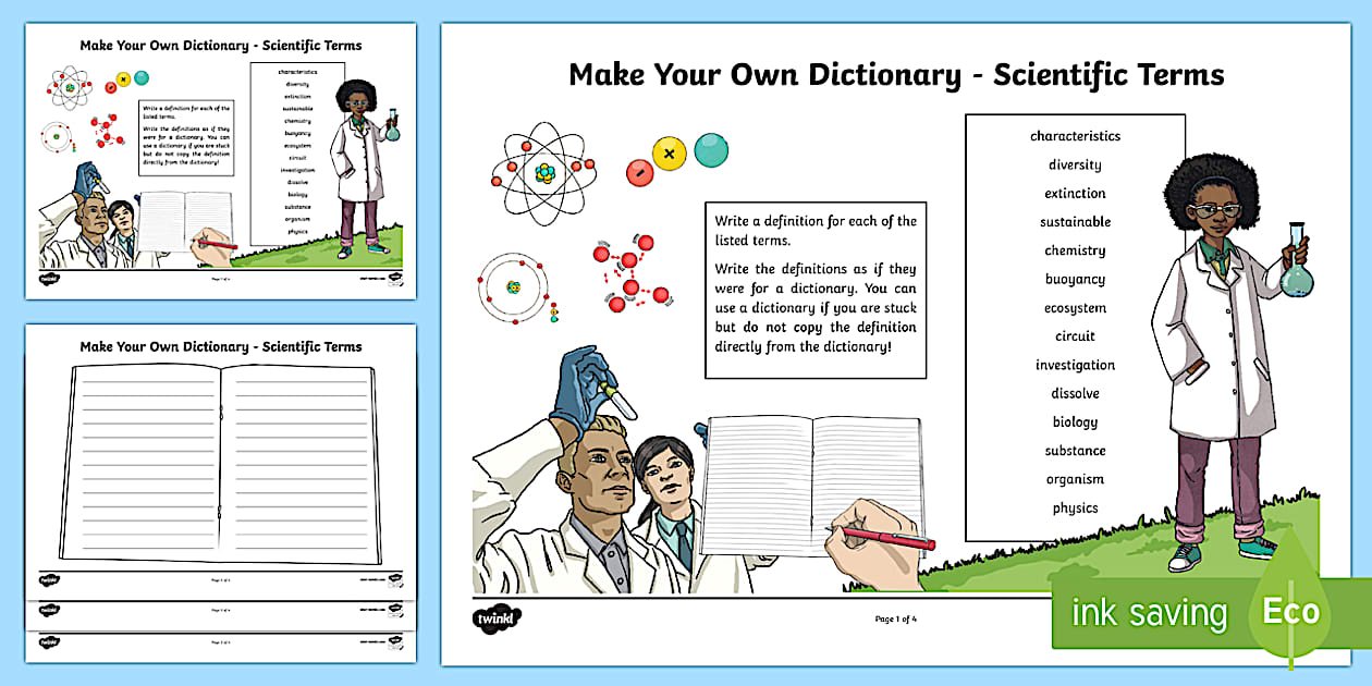 Black and White Create Your Own Dictionary Scientific Terms Worksheet