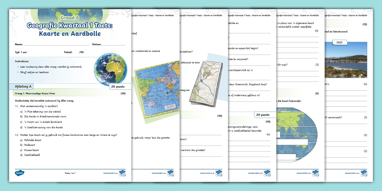 Graad 8: Geografie Kwartaal 1 Toets - Kaarte en Aardbolle