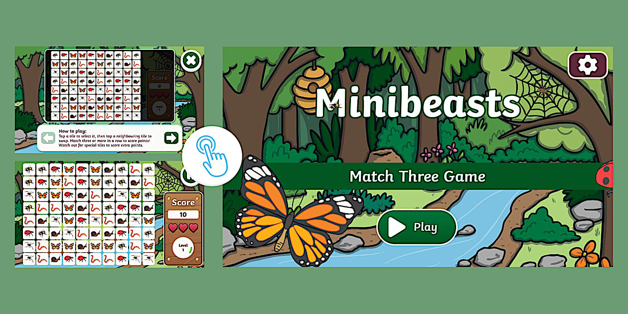 Minibeasts Interactive Match Three Game - KS1 (teacher made)