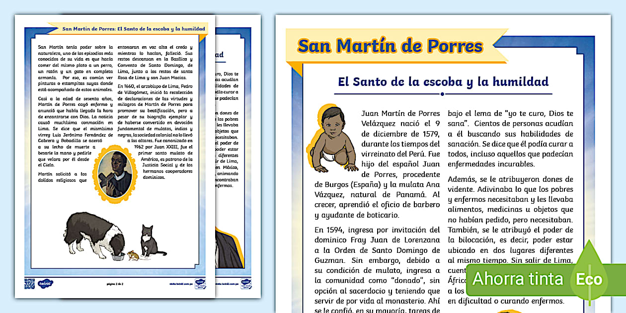 Comprensión lectora: San Martín de Porres- Guía de trabajo