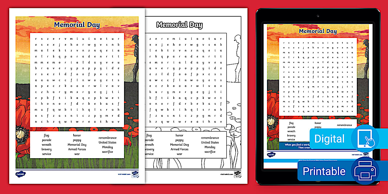 Memorial Day Word Search for 3rd-5th Grade (Teacher-Made)
