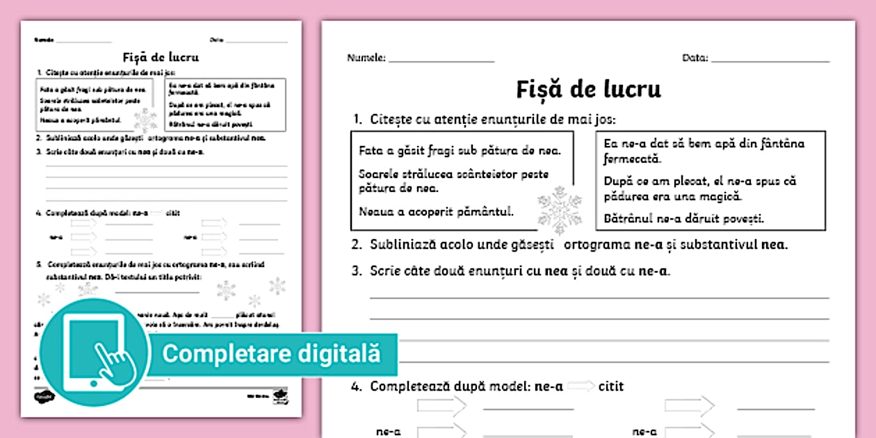 Ortogramele „nea” sau „ne-a” – Fișă de lucru | Twinkl
