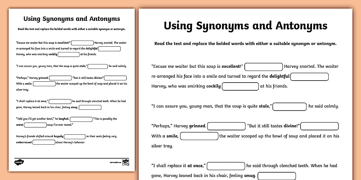 Using Synonyms and Antonyms Worksheet for 6th-8th Grade