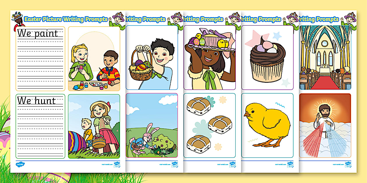 Black and White Easter Simple Sentence Writing Prompt Pictures Activity