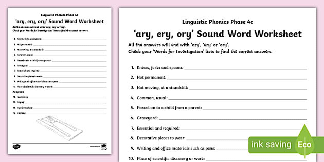 Linguistic Phonics Phase 4c 'ary, ery, ory' Word Worksheet
