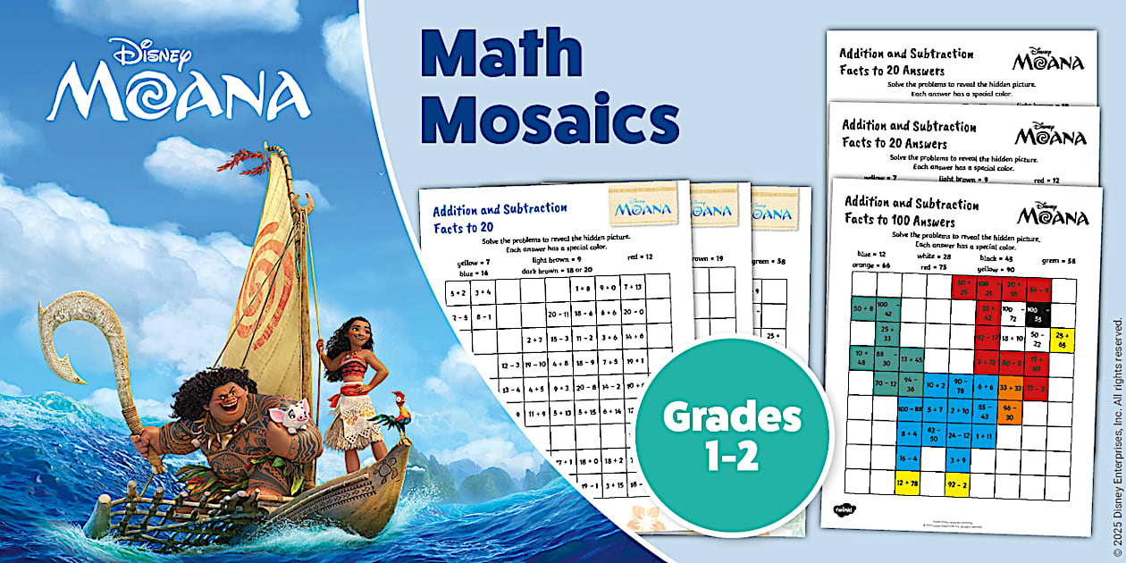Moana: Addition and Subtraction to 100 Math Worksheets
