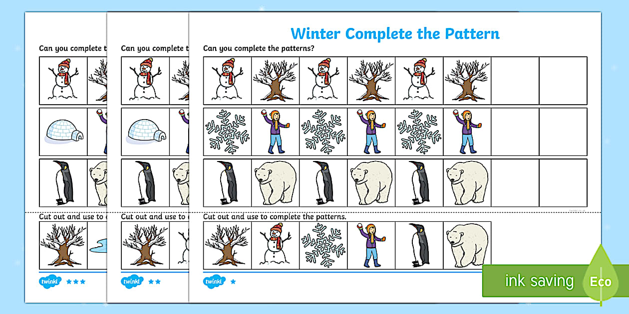 Black and White Winter-Themed Complete the Pattern Worksheet